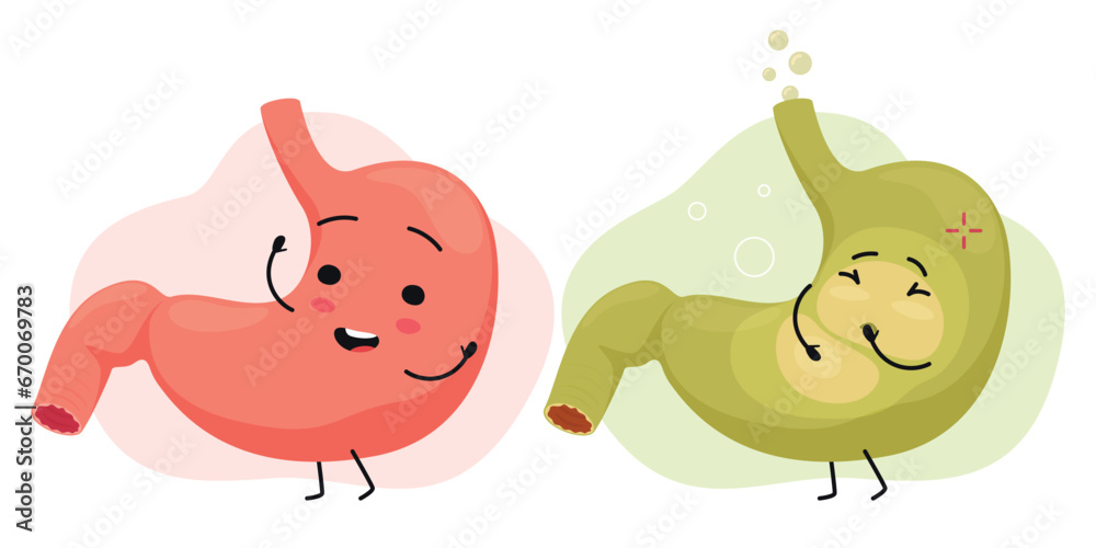 Cartoon characters of a healthy and sick stomach. Cheerful with the ...