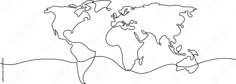 continuous single line drawing of simplified world map, line art vector ...