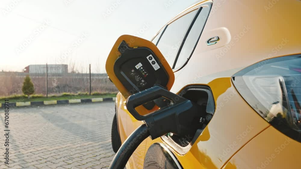 EV Car or Electric car charging station connected power cable on sea ...