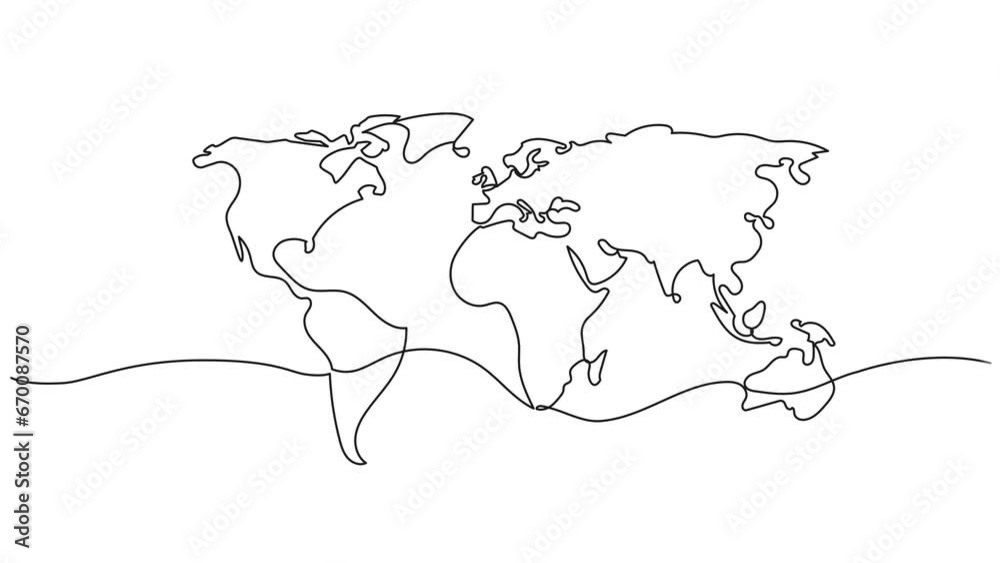 animated continuous single line drawing of simplified world map, line ...