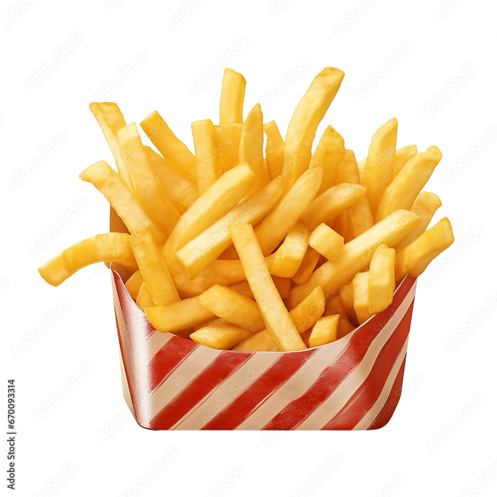 French fries in red and white stripped fry box isolated on transparent ...