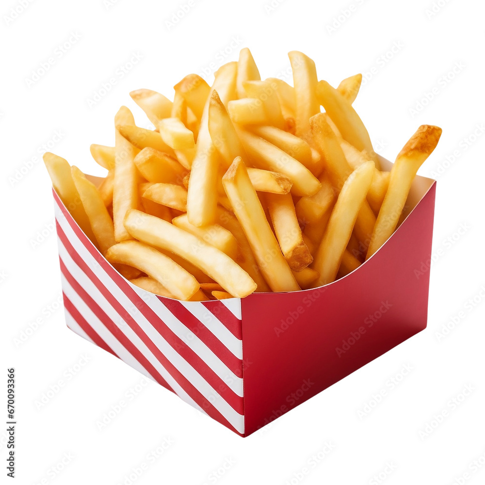 French fries in red and white stripped fry box isolated on transparent ...