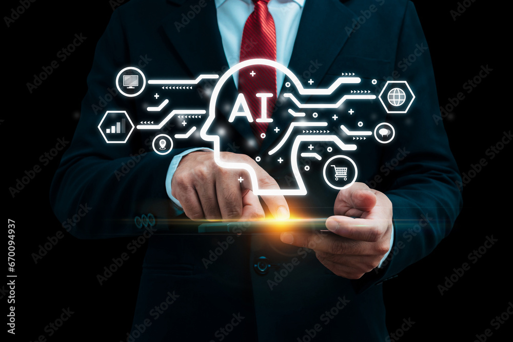 Artificial Intelligence. businessman using mobile smart phone with AI ...