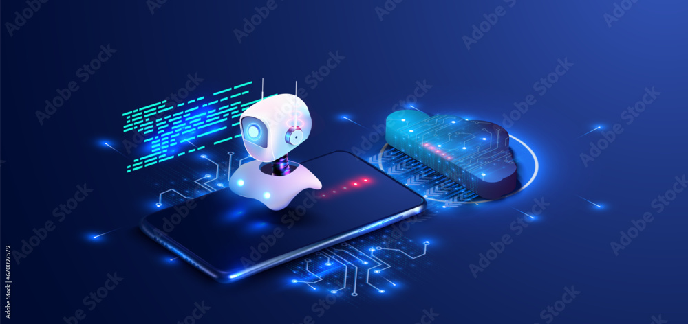 Advanced AI Robot Connected to Digital Cloud Systems with Binary Code ... Advanced AI Robot Connected to Digital Cloud Systems with Binary Code ...
