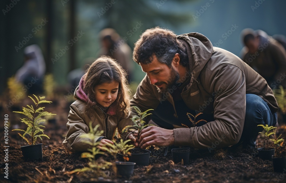 In a peaceful woodland, a multicultural family collectively plants a ...
