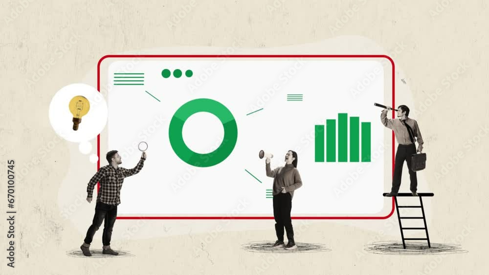 Stop motion. Animation. board with graphs and diagrams. People near it ...