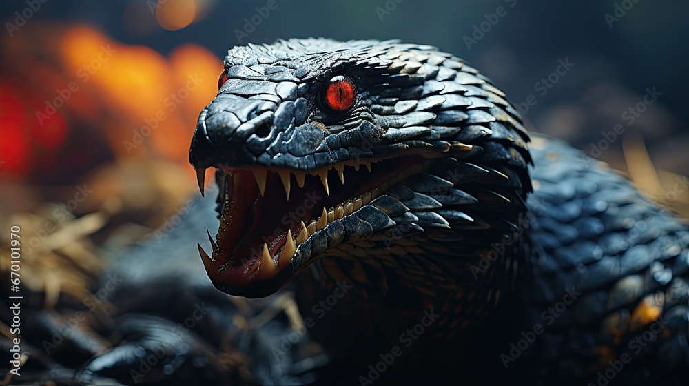 a close up of a black snake with its mouth open and it's teeth wide ...