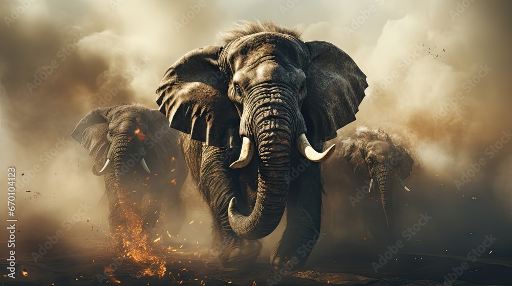 a herd of elephants standing on top of a dirt field next to a sky ...