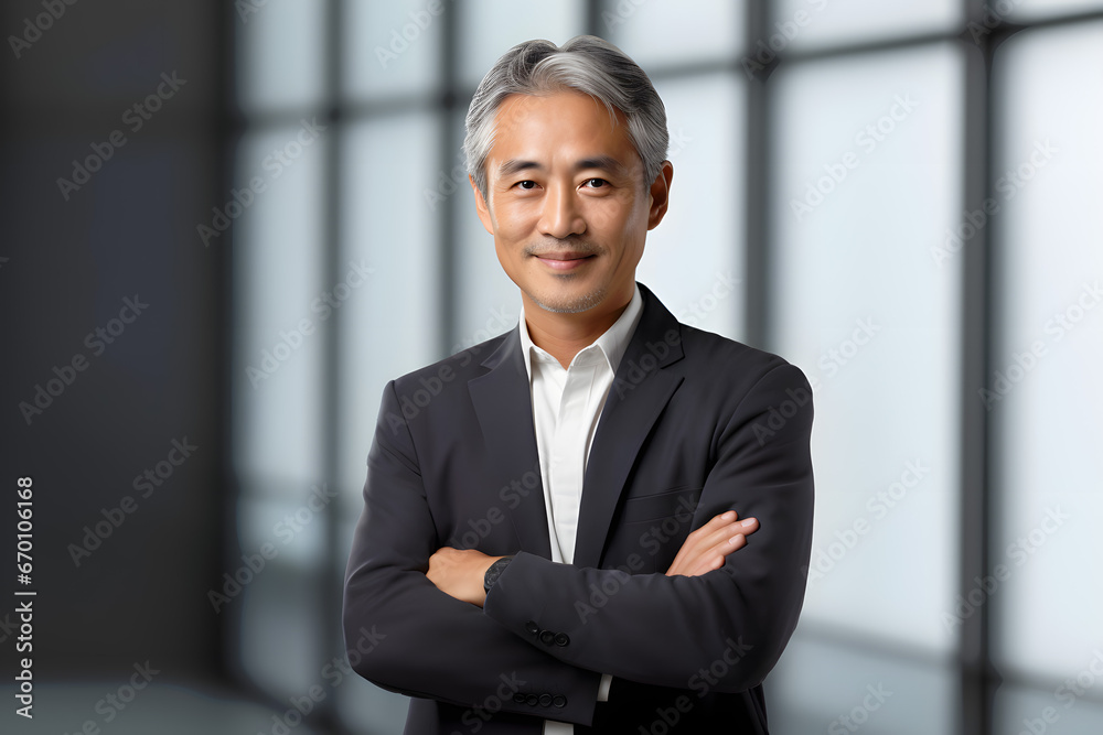 Smiling Japanese businessman with arms crossed, wearing a grey office ...