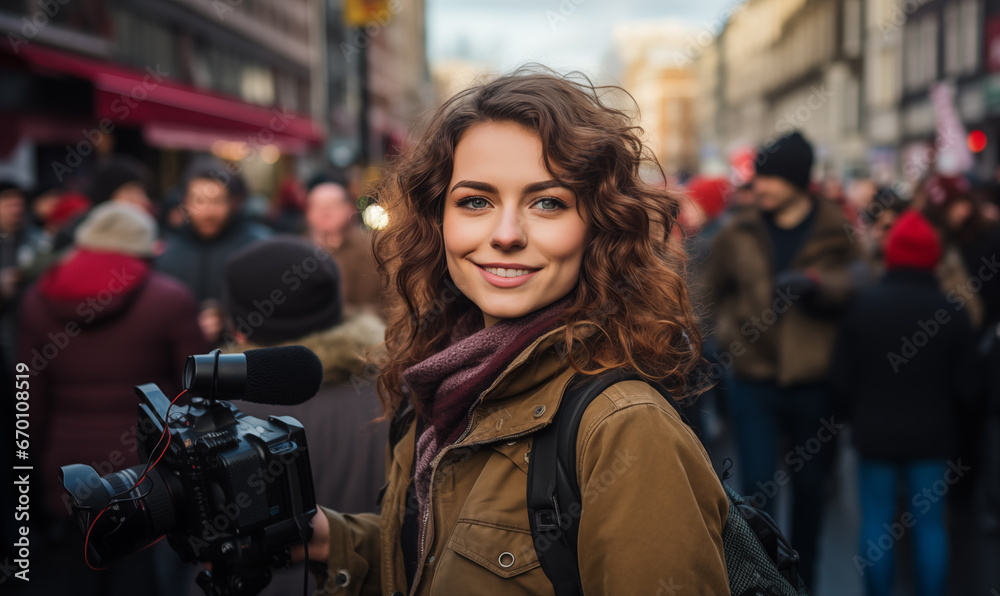 Female journalist reporter with a camera. Beautiful woman blogger ...