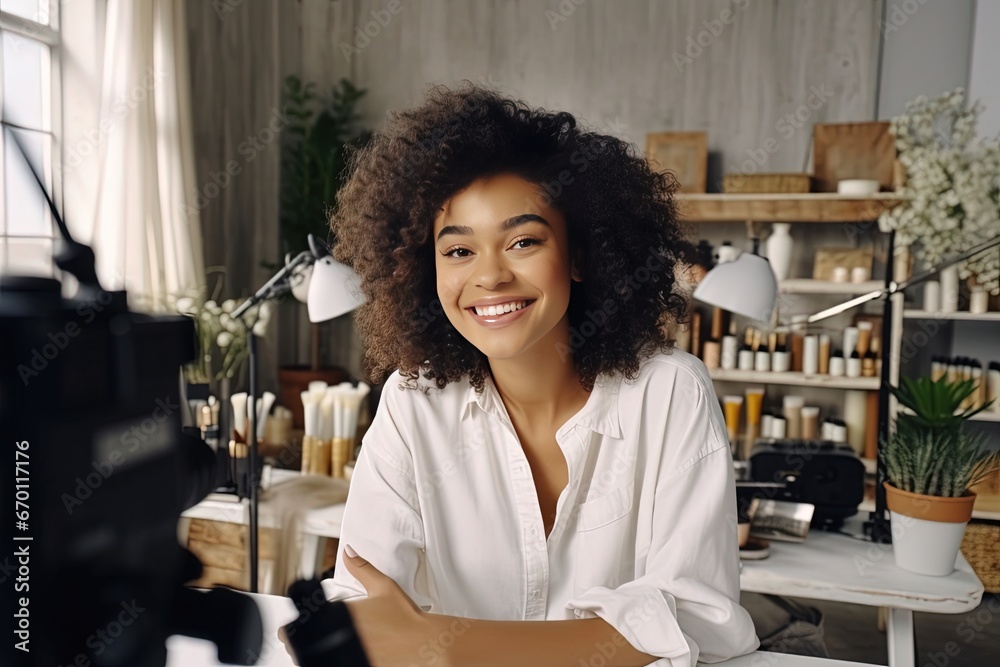 Black female beauty blogger. Female vlogger is showing cosmetics ...