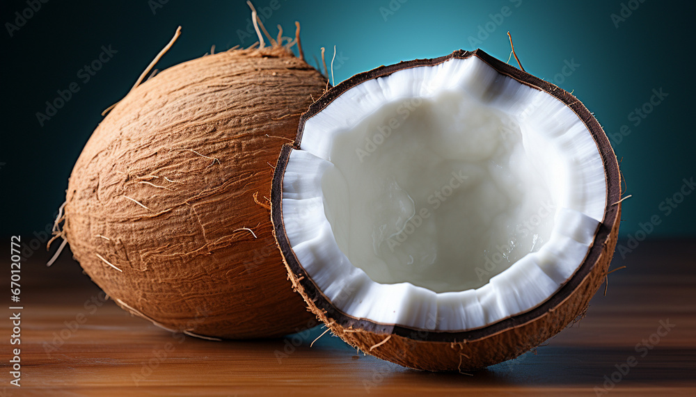Close-up of a halved coconut revealing its milky flesh, juxtaposed with ...