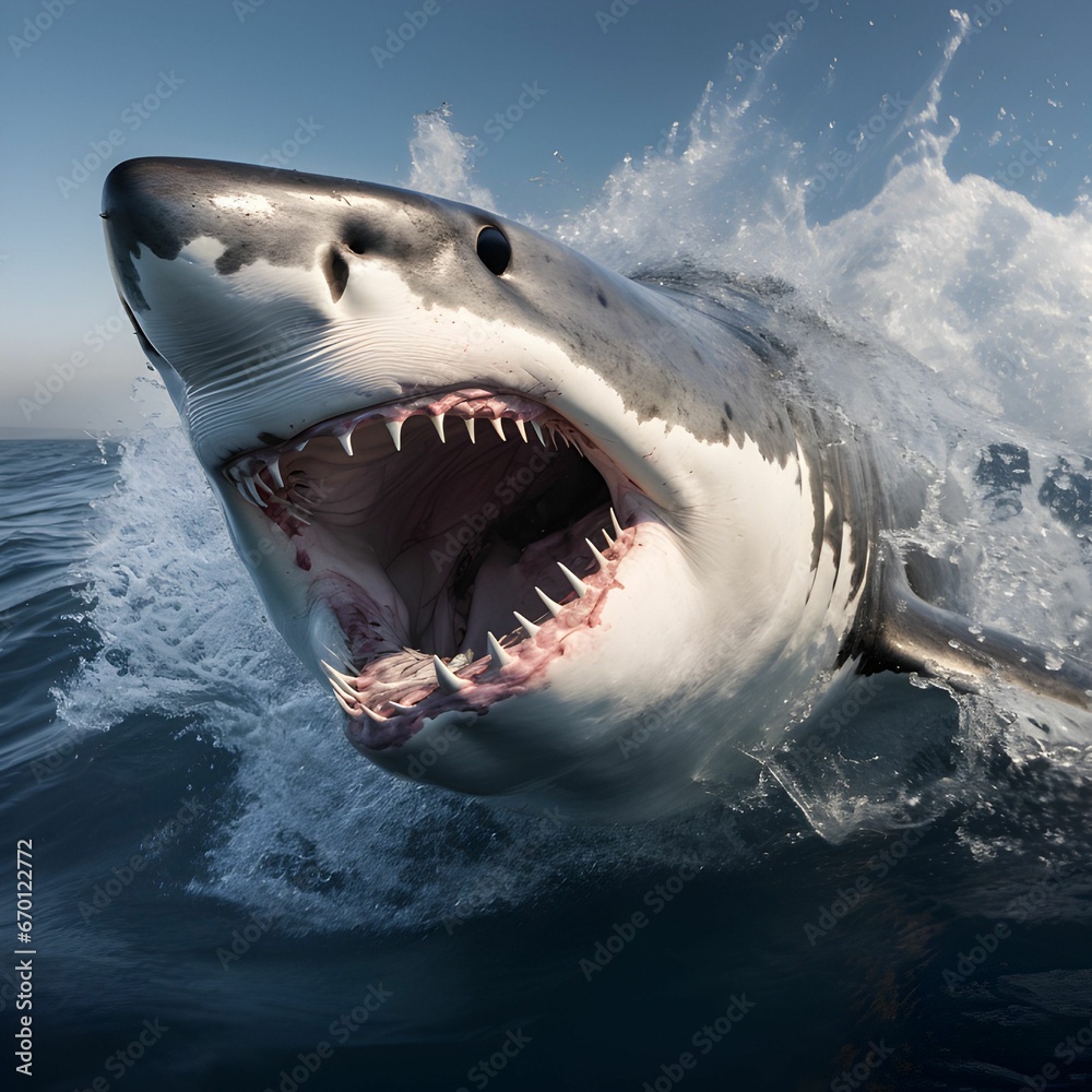 AI illustration of a great white shark breaking through the surface of ... AI illustration of a great white shark breaking through the surface of ...