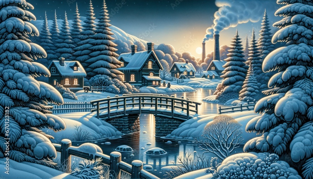 Poetic illustration painting a vision of a winter wonderland as dusk ...