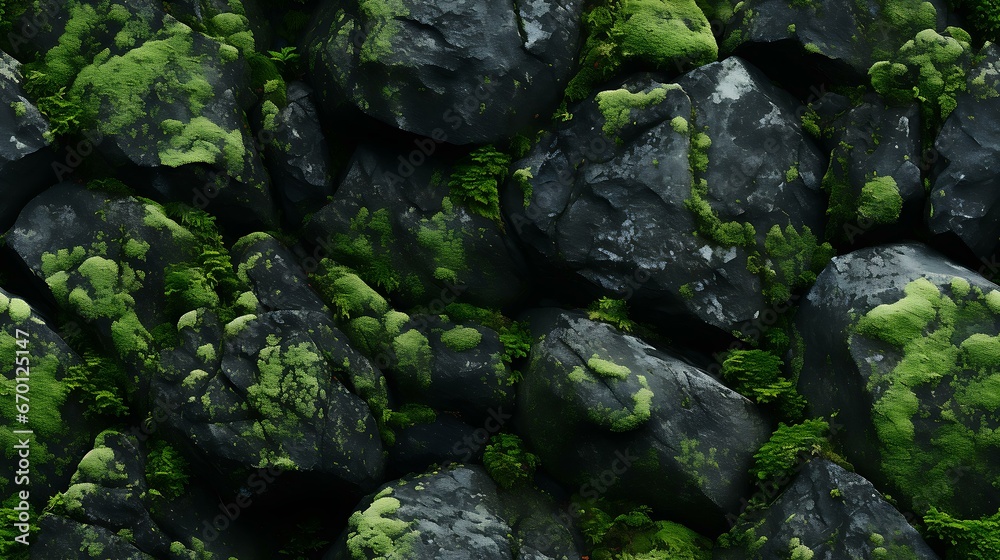 Uma paisagem rochosa é suavizada por um manto de musgo verde vibrante ...