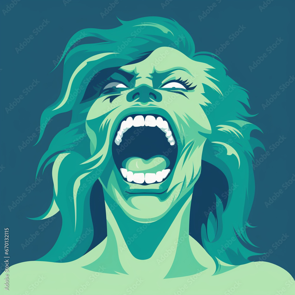 monster girl comic art minimalistic art style, flat design, blue green ...
