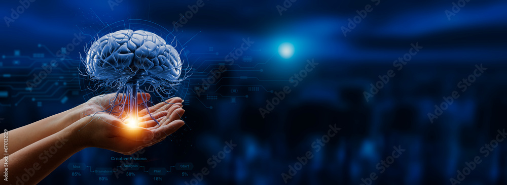 Man showing AI computer brain, security concept Cloud computing ...