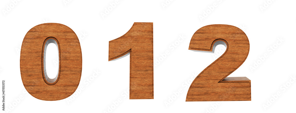 Wooden numbers made in 3D render. Numbers 0, 1, 2, with wooden texture ...
