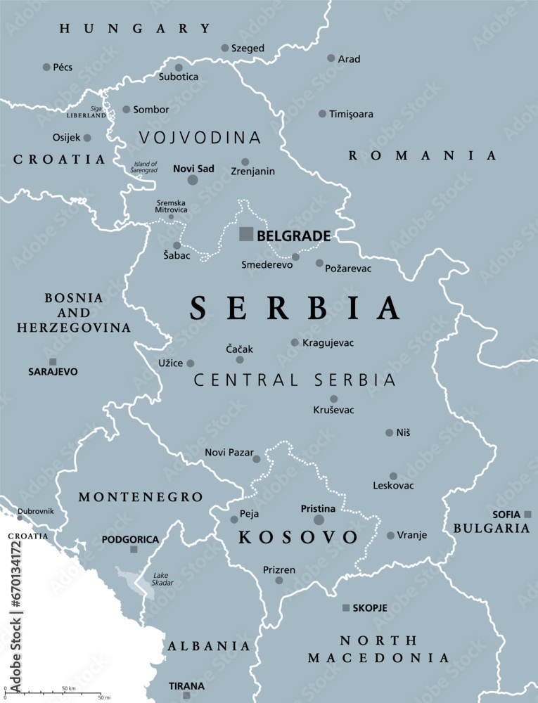 Serbia And Kosovo Landlocked Countries In Southeast Europe Gray