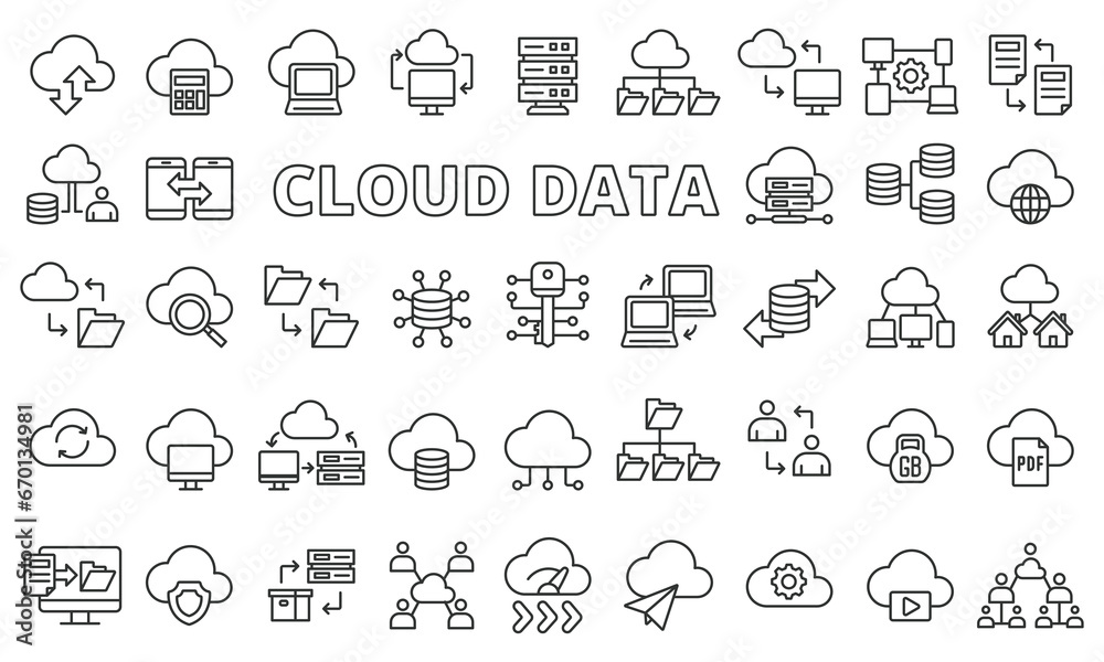 Cloud data icon set in line design. Data, Storage, Upload, Download, Server, Backup, Files ...