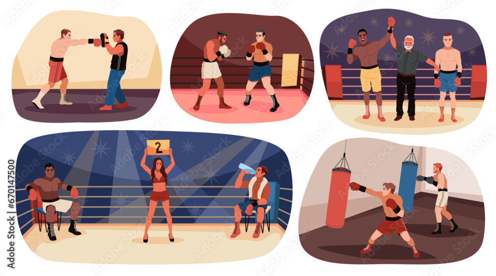 Boxing scenes at ring. Muscular athletes in sparring, training and ...