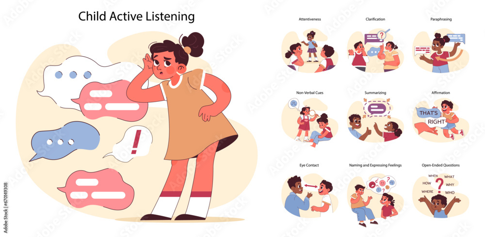 Active listening set. Child practices communication skills ...