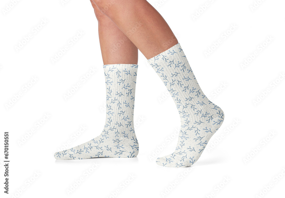 Mockup of woman, side view, wearing customizable socks Stock Template ...