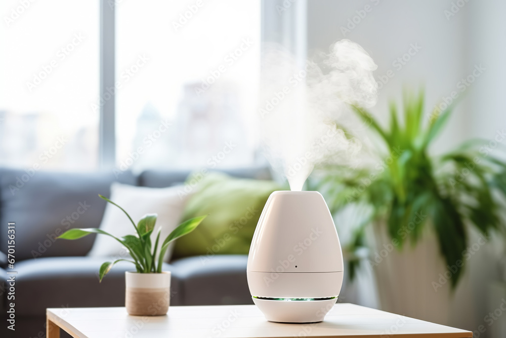 Aroma oil diffuser in modern living room. Humidifying and creating ...
