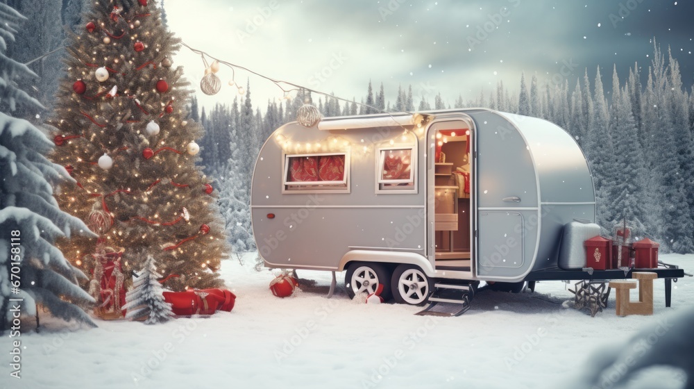 Festive Camper Trailer with Christmas Tree Background Sets the Scene ...