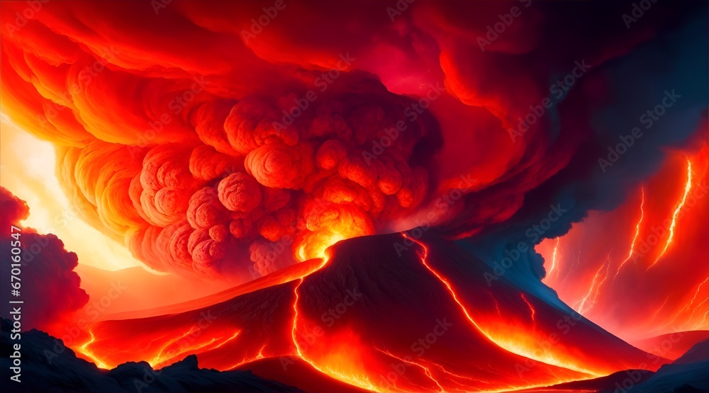 The primary subject at the forefront is a raging eruption of lava, its ...