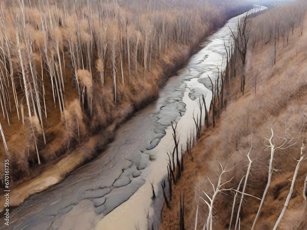 Drained river among dried forests. Global warming, climate change ...