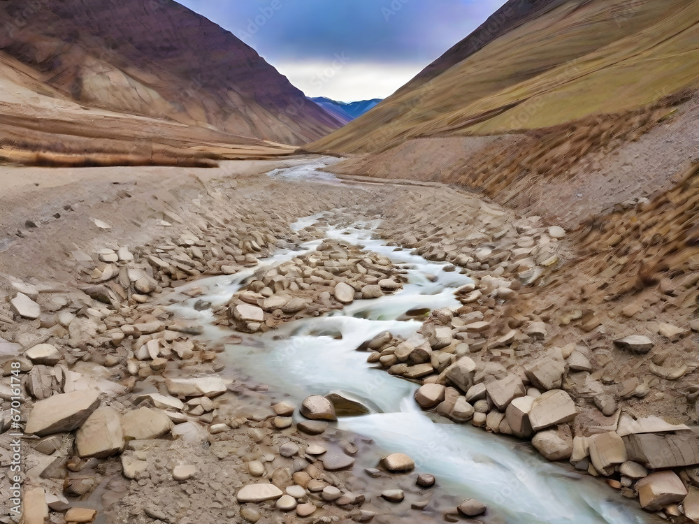 Drained river among mountains and rocks. Global warming, climate change ...