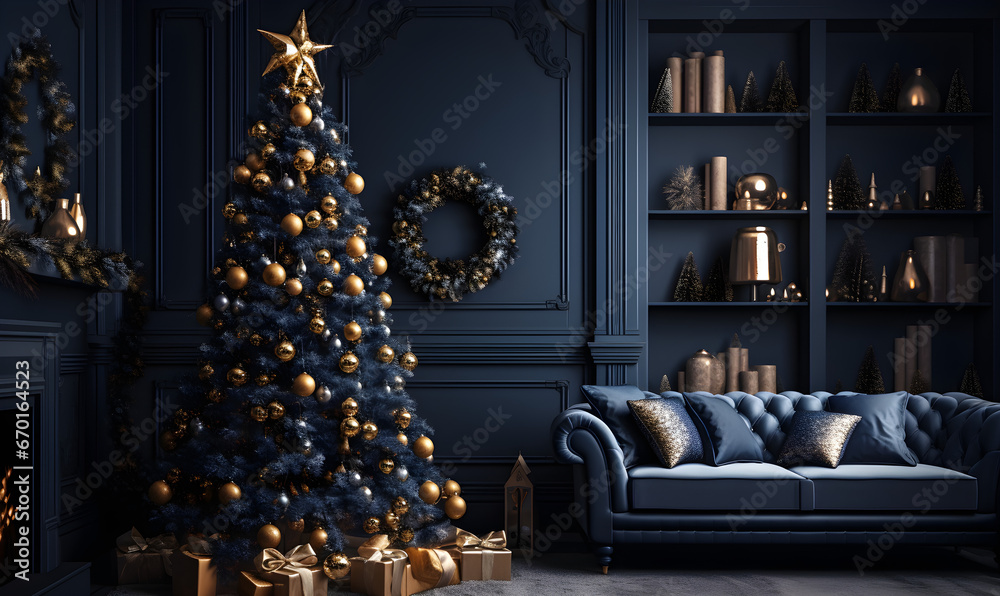 A modern luxurious Christmas-themed living room with a blue and gold ...