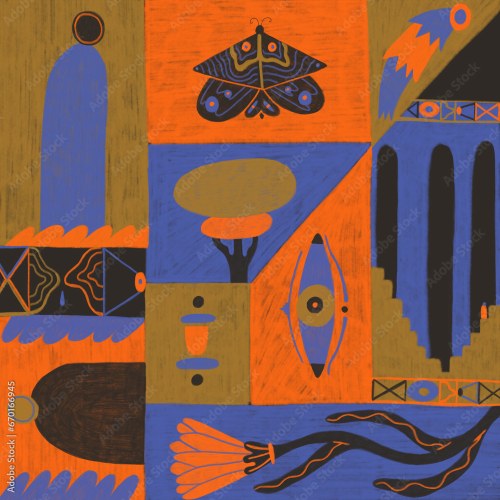 Abstract Neo Primitive Drawing With Various Natural Elements Stock ...