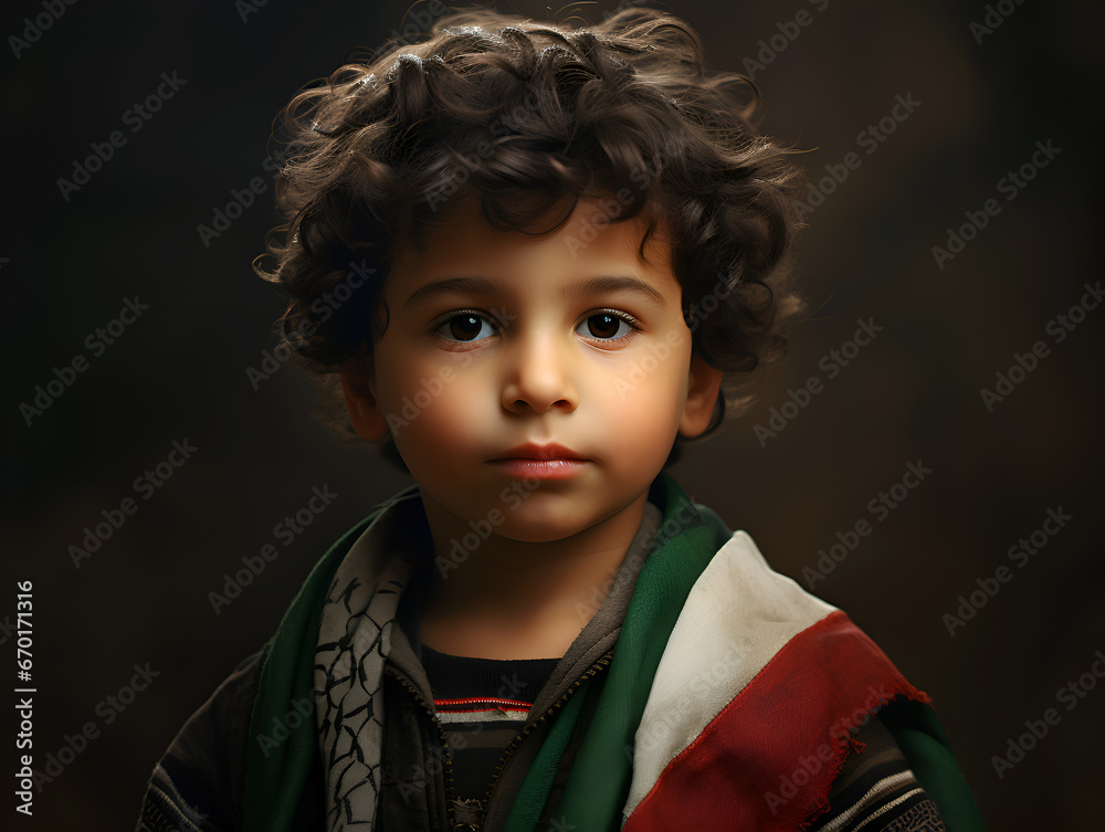 Kid with a flag of Palestine in front of dark background. Child with ...