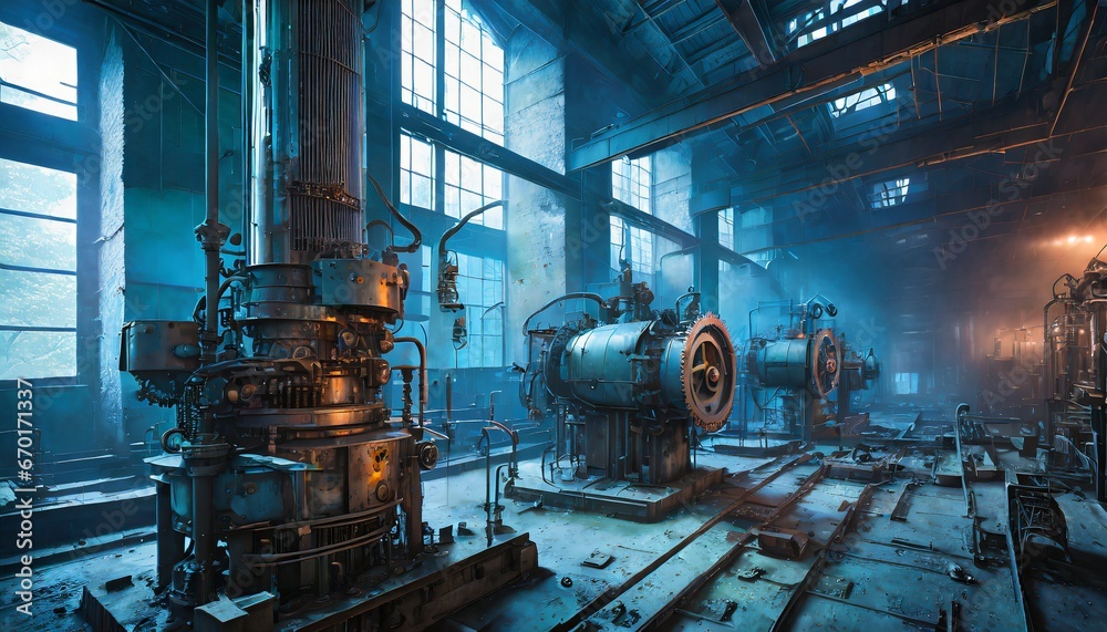 interior of a futuristic factory with blue smog and mist in the air ...