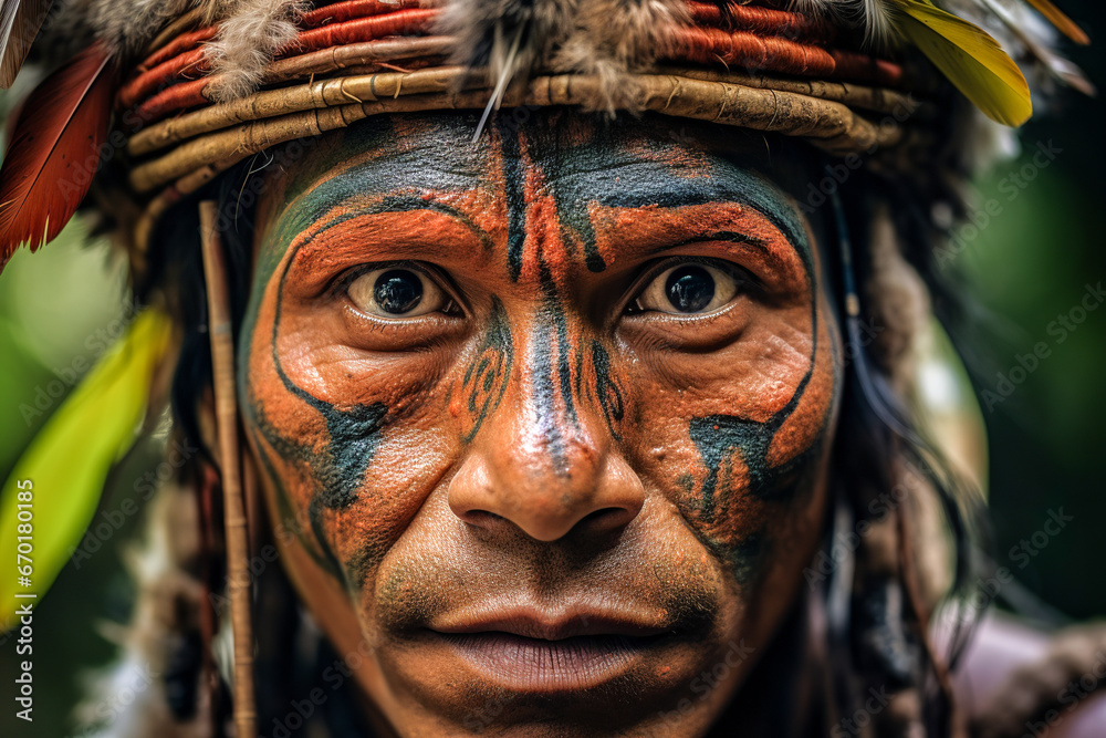 Generative AI illustration of an indigenous man with tribal tattoos and ...