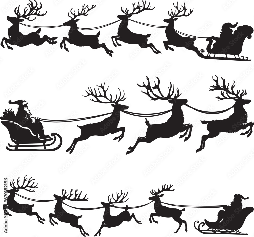 Santa Claus Sleigh Flying Reindeer Silhouettes Stock Vector Set ...