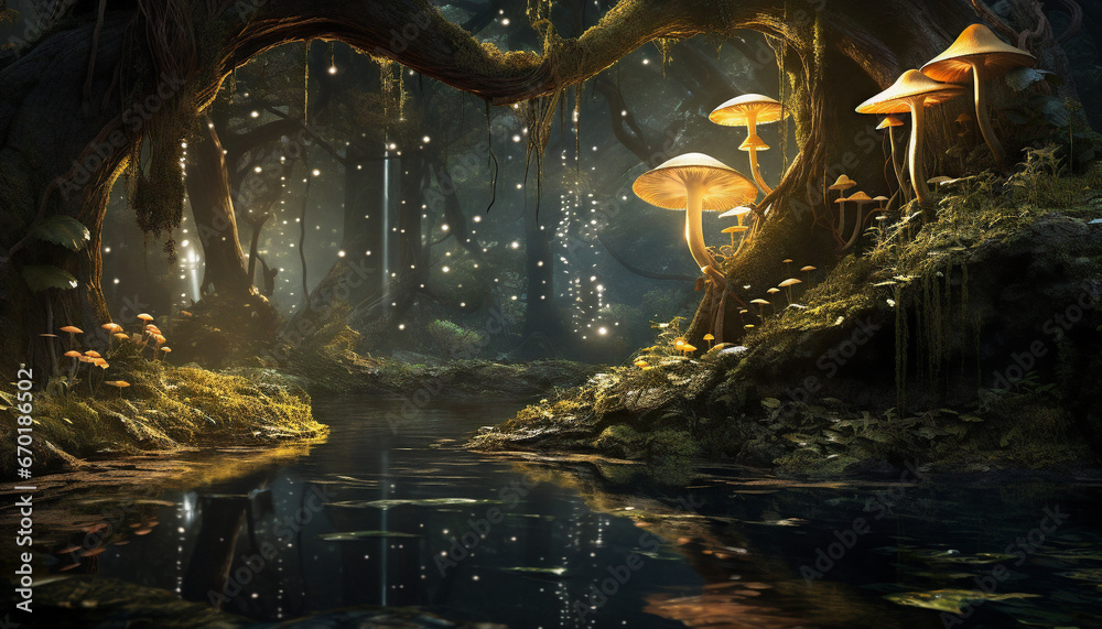 a magical scene deep within an enchanted forest. Towering ancient trees with gnarled branches ...