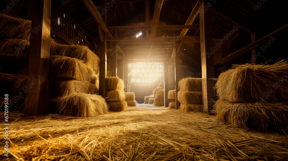 Dry hay stacks in rural wooden barn interior on the farm. Stock ...