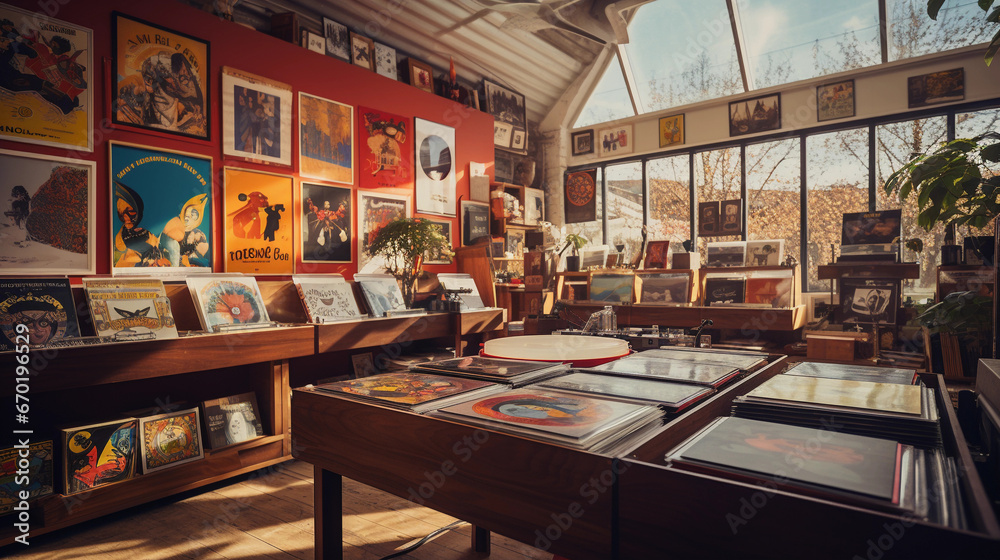 A vintage record store interior, showcasing shelves of vinyl records ...