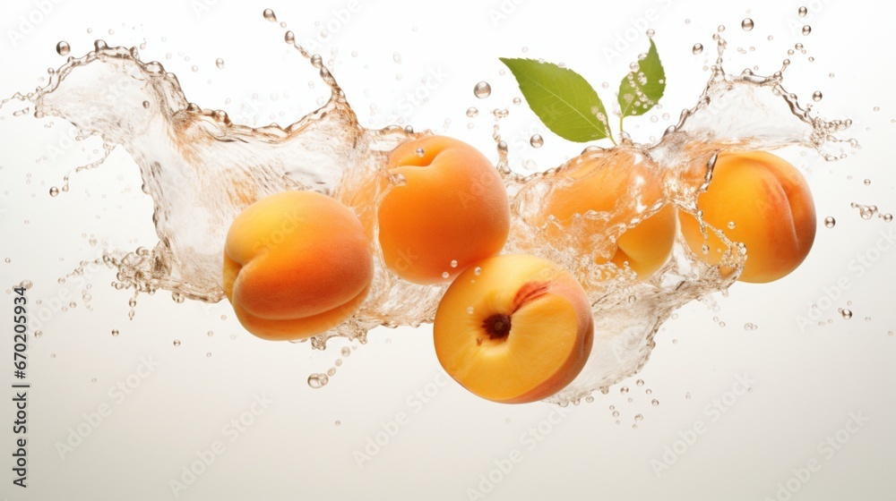 A detailed rendering showcases ripe apricots immersed in a splash of ...