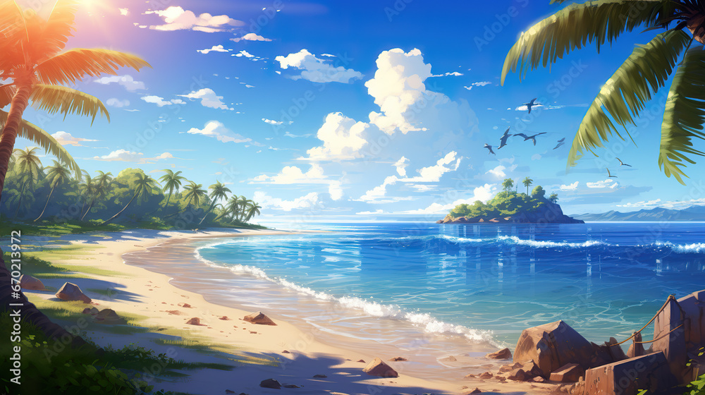 impressive beautiful relaxing anime illustration of a tropical beach ...