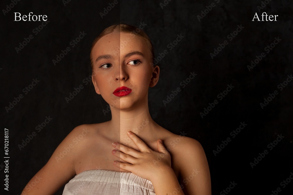 Portrait of teenager model before and after retouch, comparison clean ...