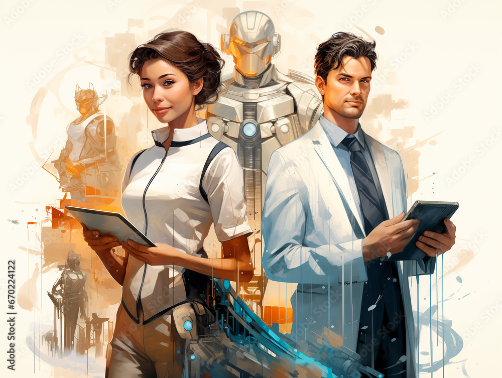 The world of the future. Man creates robots based on artificial ...