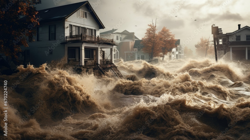 Fotka „Image depicting a flooded rural town with chaotic water rushing ...