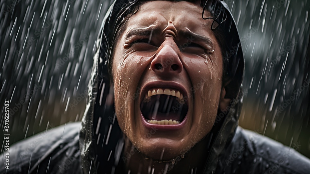 Foto de Person standing in rain, face turned upwards, expressing sorrow ...