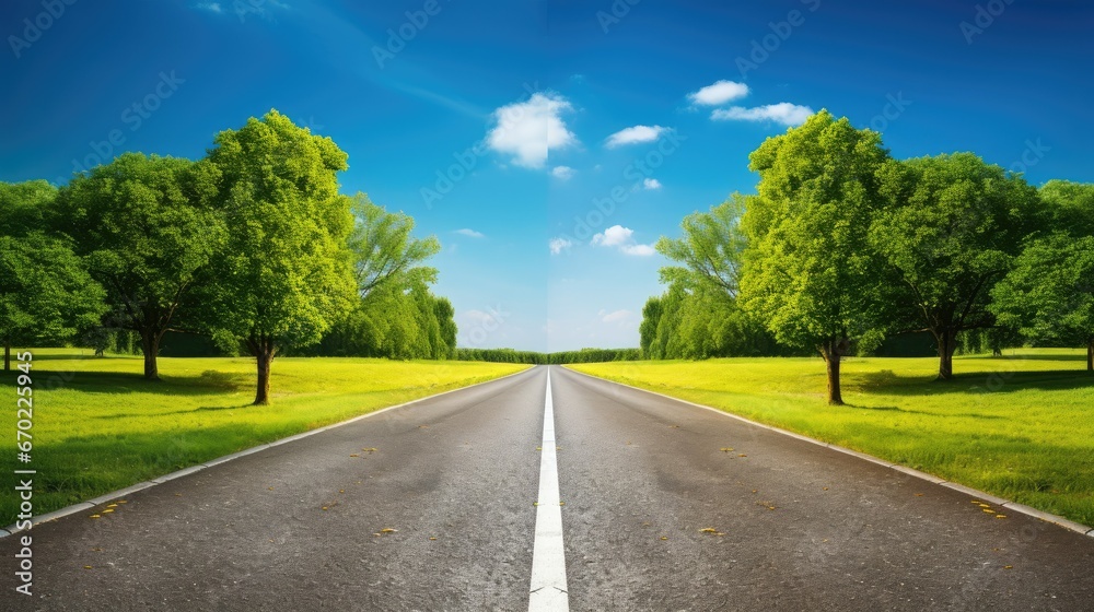 A realistic image of a well-paved road splitting into two paths ...