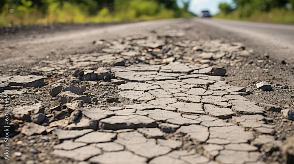 Deteriorated road with rough, bumpy texture, worn pavement ...