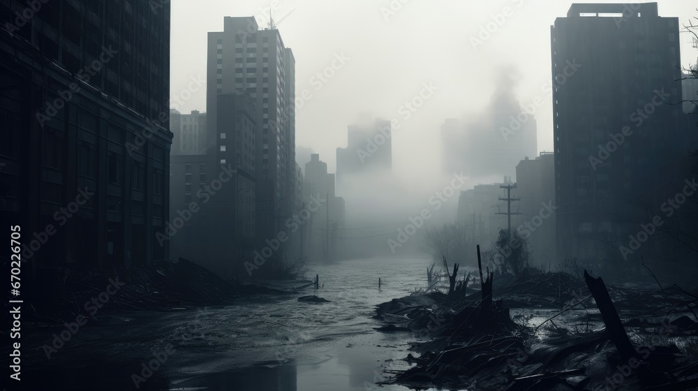 Misty, abandoned city with decaying infrastructure and desolate streets ...